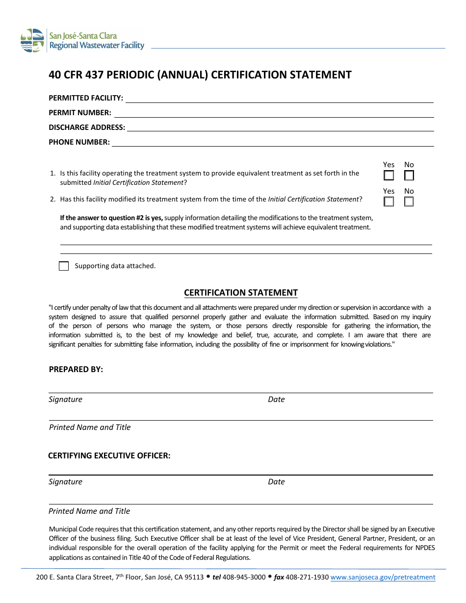City of San Jose, California 40 Cfr 437 Periodic (Annual) Certification Statement - Fill Out ...