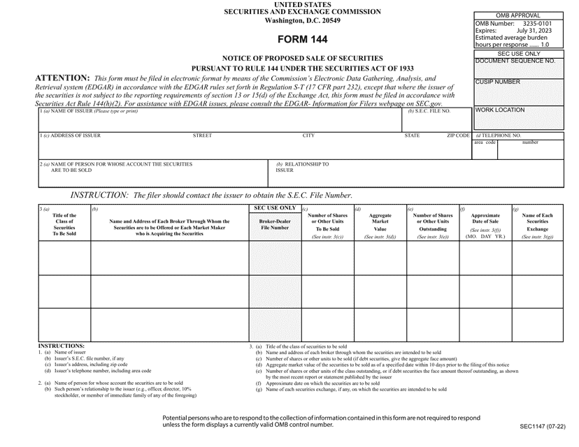 Form 144 (SEC Form 1147) Download Printable PDF or Fill Online Notice ...