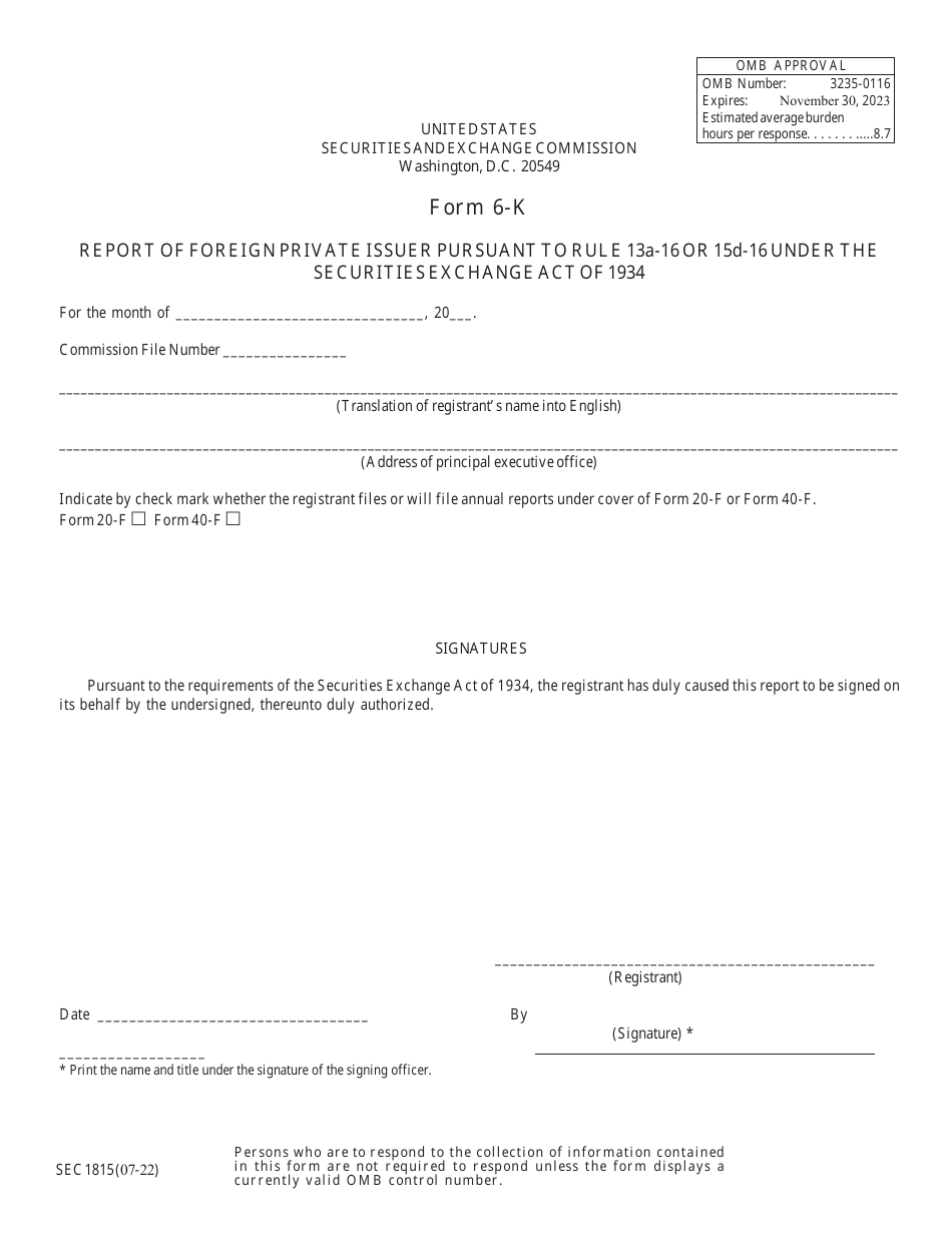 SEC Form 1815 (6-K) Download Printable PDF or Fill Online Report of Foreign Private Issuer ...