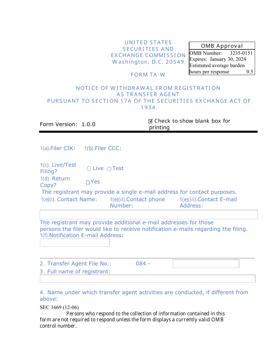 Form TA-W (SEC Form 1669) - Fill Out, Sign Online and Download ...