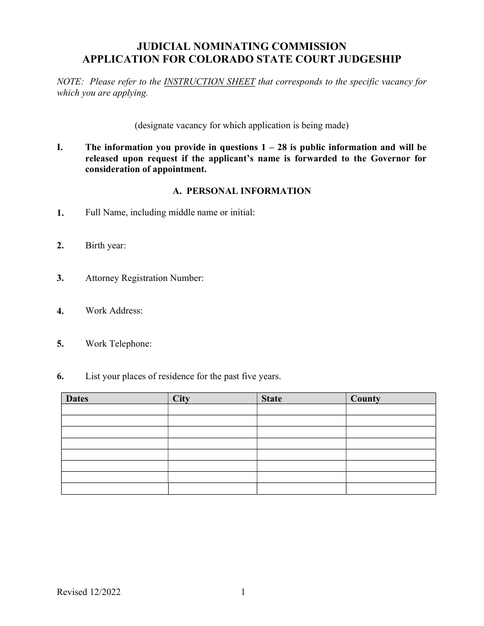 Colorado Application for Colorado State Court Judgeship - Fill Out ...