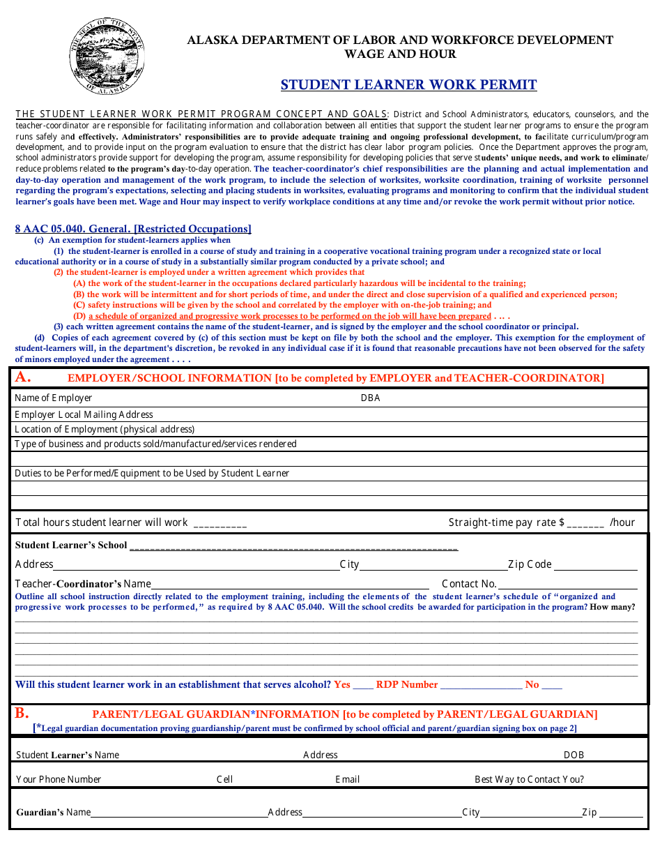 Alaska Student Learner Work Permit - Fill Out, Sign Online and Download ...
