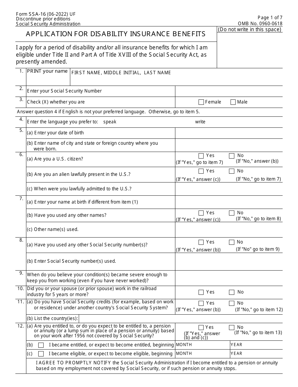 Form SSA-16 Download Fillable PDF or Fill Online Application for ...