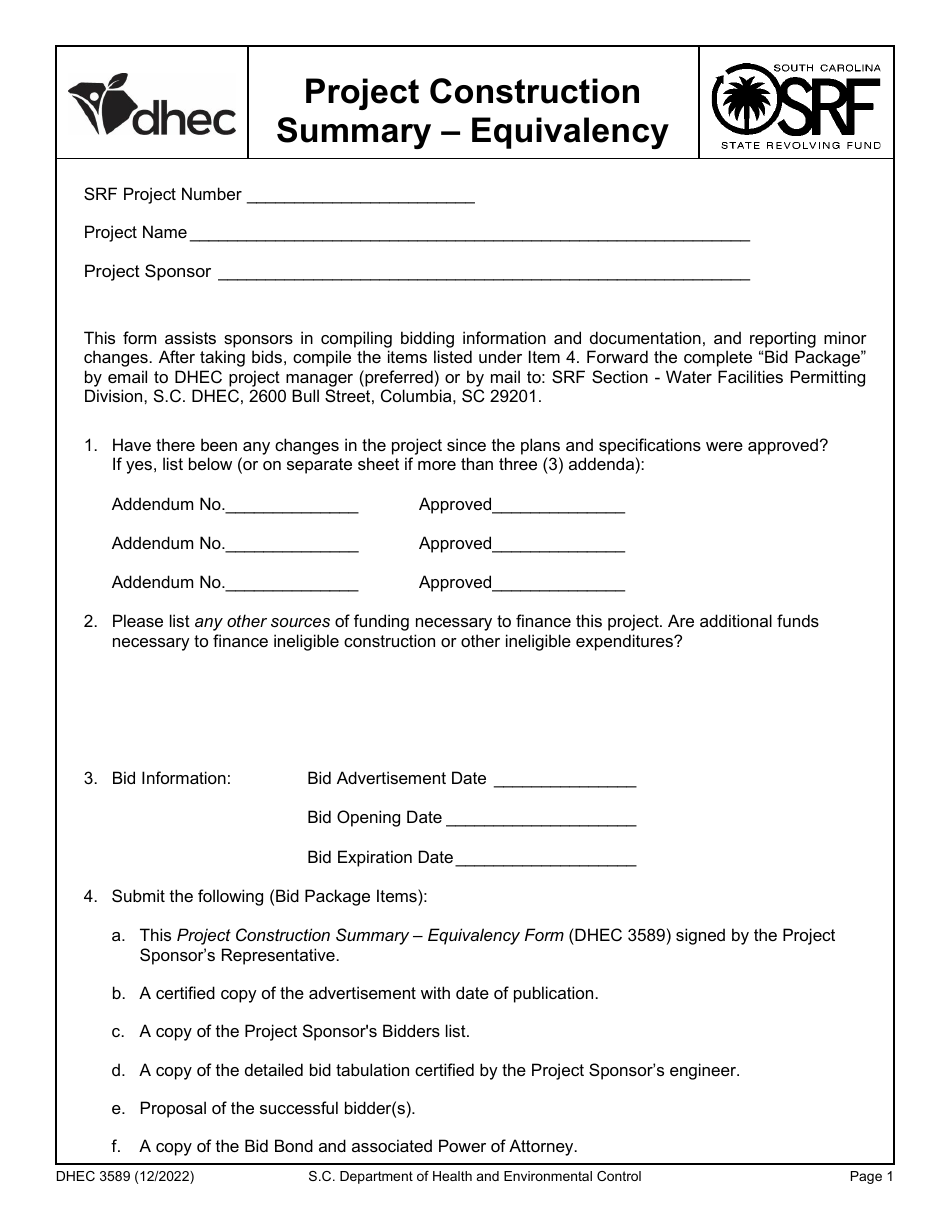 DHEC Form 3589 - Fill Out, Sign Online and Download Fillable PDF, South ...