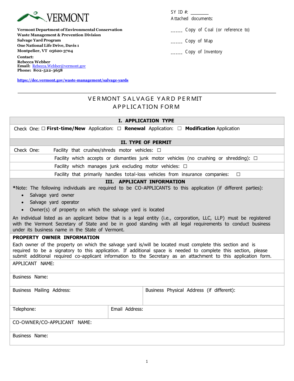 Vermont Vermont Salvage Yard Permit Application Form - Fill Out, Sign ...