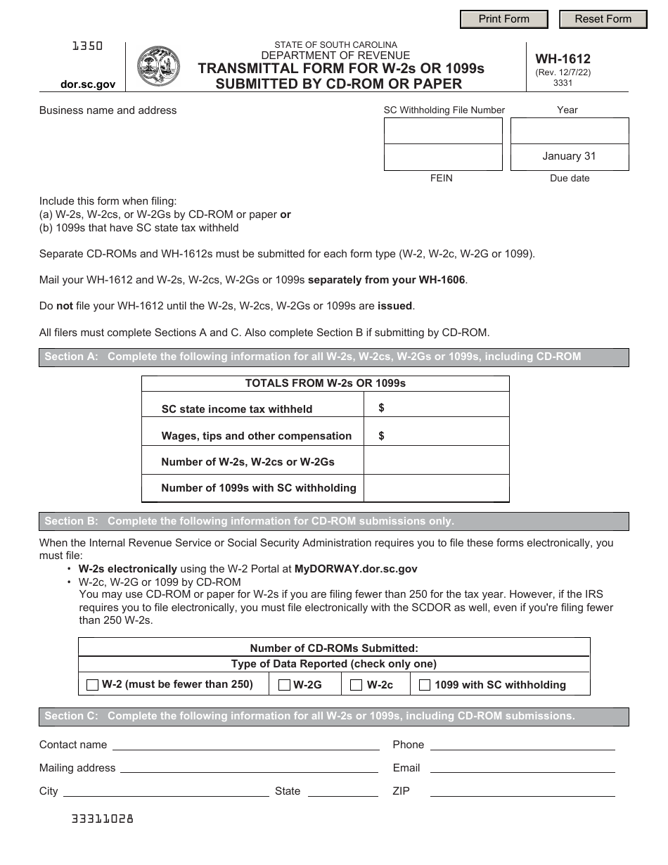 Form WH-1612 - Fill Out, Sign Online and Download Fillable PDF, South ...