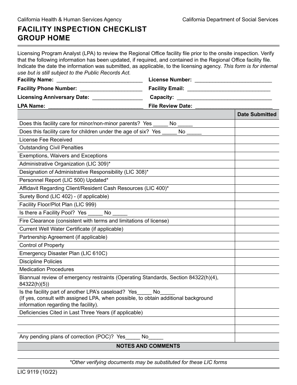 Form LIC9119 Download Fillable PDF or Fill Online Facility Inspection ...