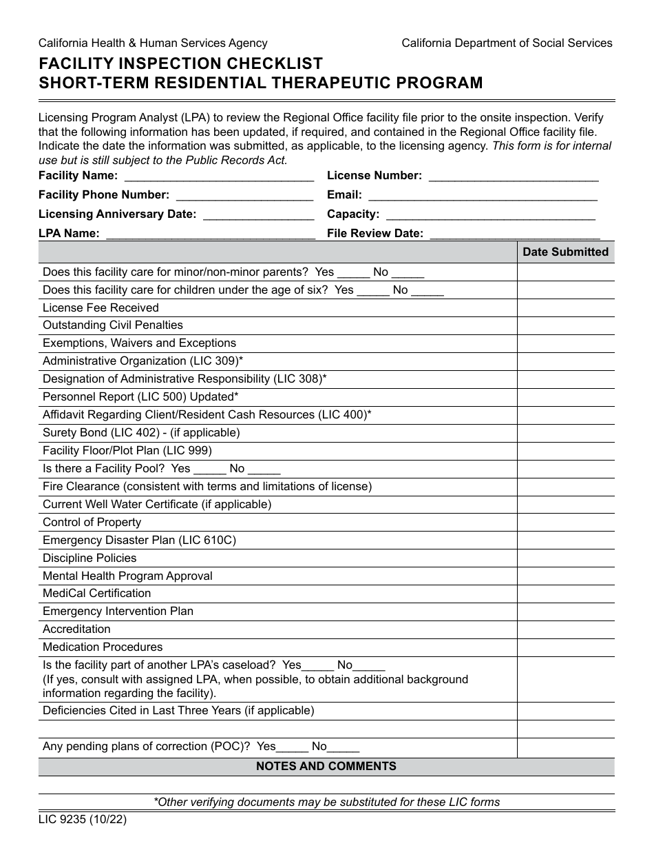 Form LIC9235 Download Fillable PDF or Fill Online Facility Inspection ...