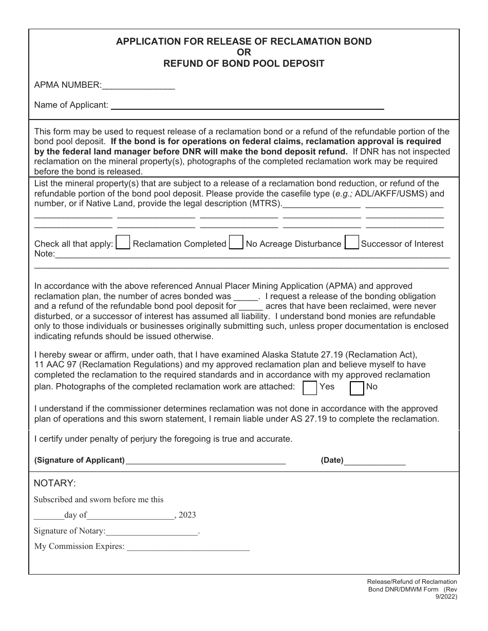 Alaska Application for Release of Reclamation Bond or Refund of Bond ...