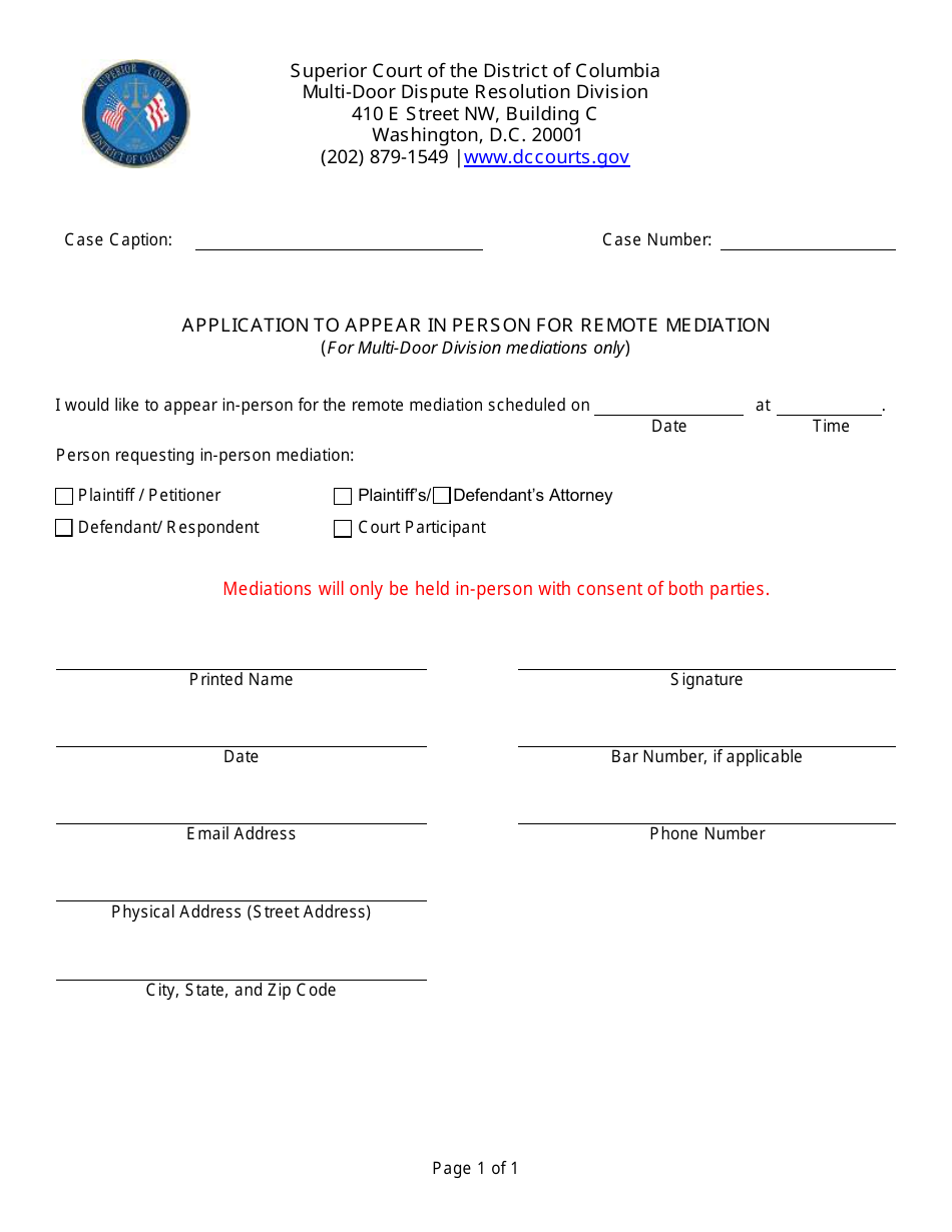 Washington, D.C. Application to Appear in Person for Remote Mediation ...