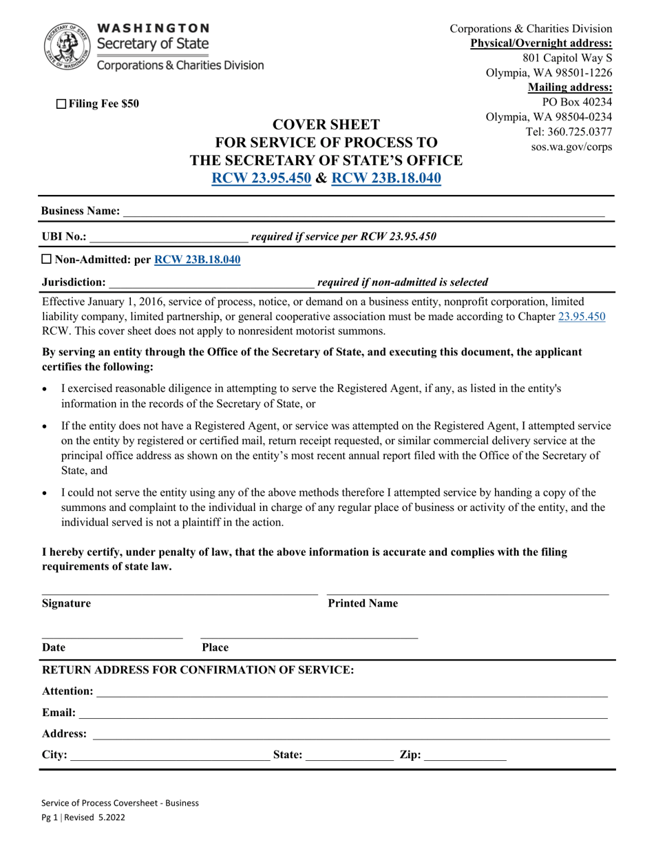 Washington Cover Sheet for Service of Process to the Secretary of State ...