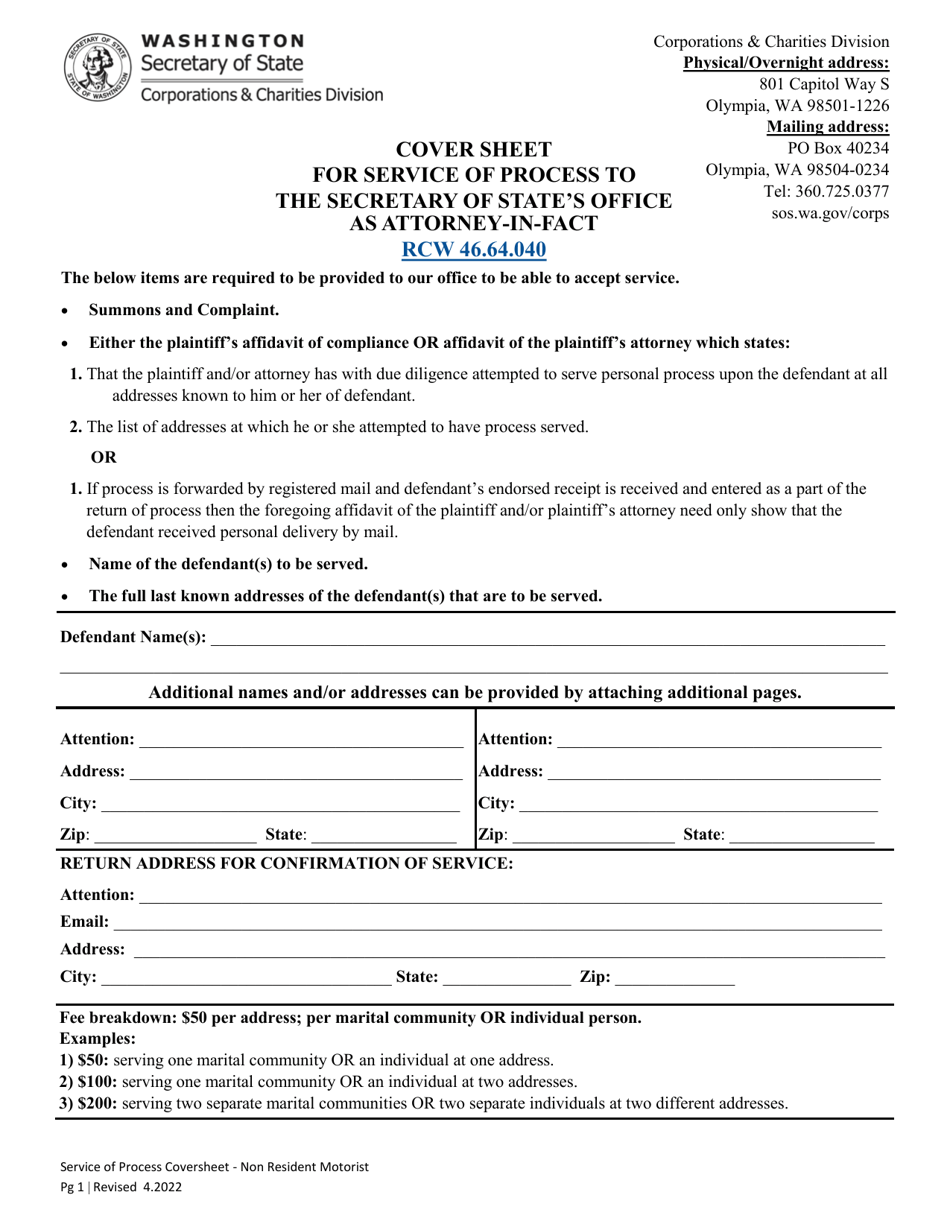 Washington Cover Sheet for Service of Process to the Secretary of State ...