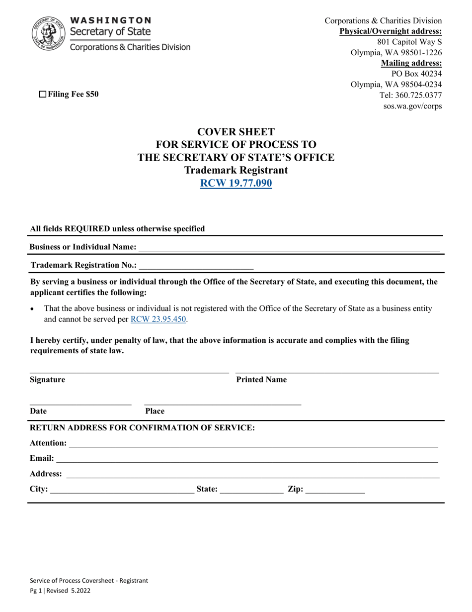 Washington Cover Sheet for Service of Process to the Secretary of State ...
