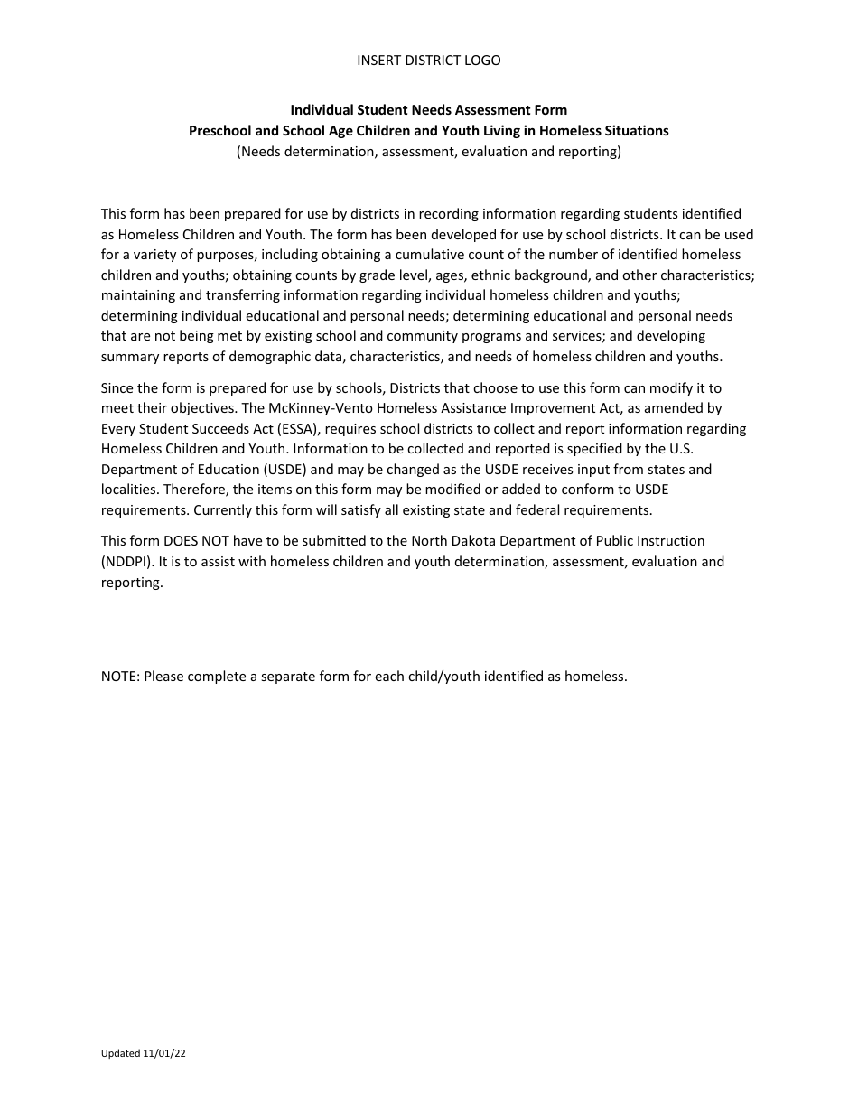 North Dakota Individual Student Needs Assessment Form - Preschool and ...