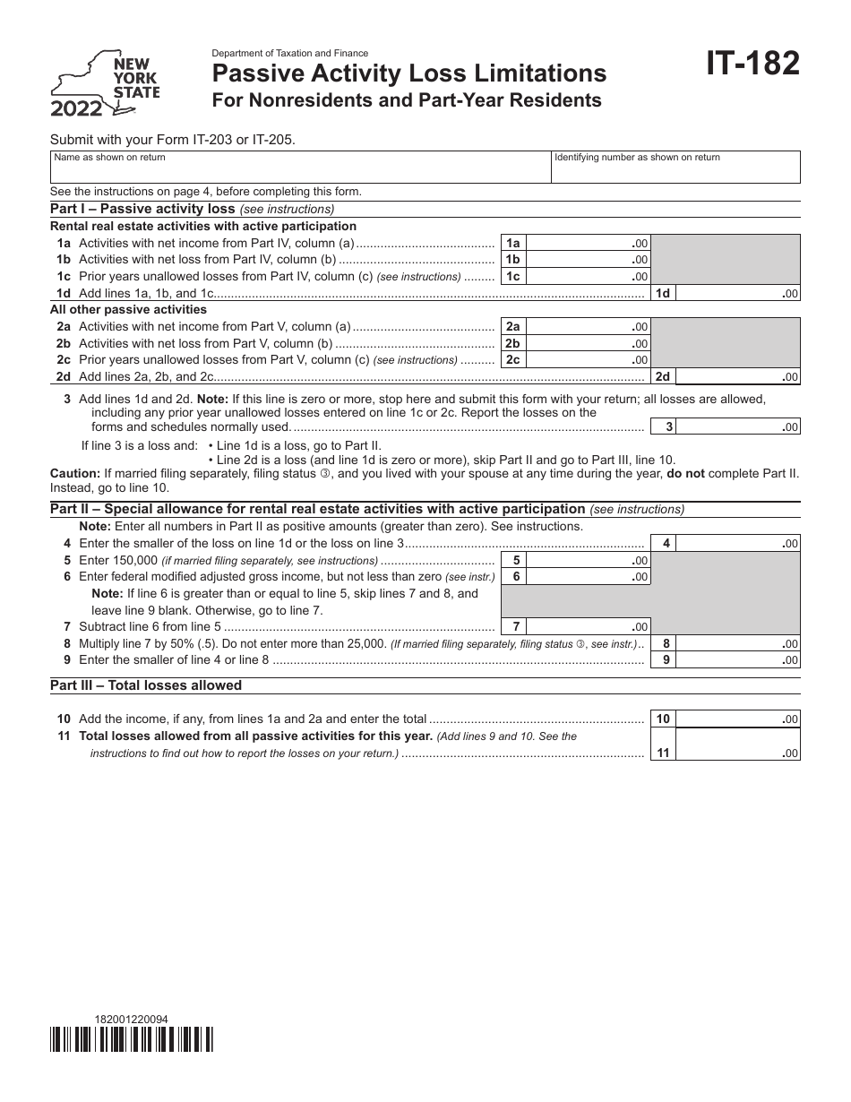 Form IT-182 Download Fillable PDF or Fill Online Passive Activity Loss ...