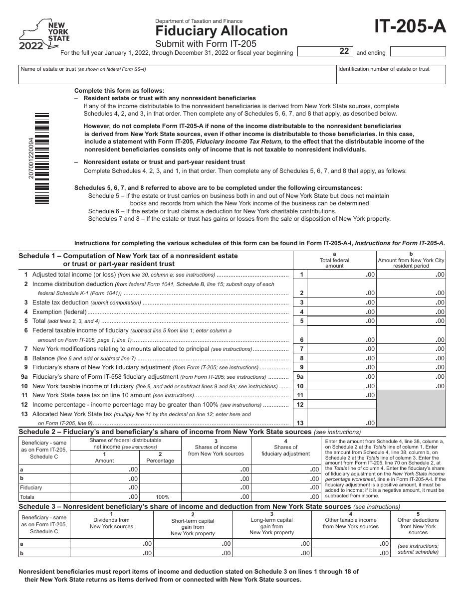 Form IT-205-A Download Fillable PDF or Fill Online Fiduciary Allocation ...