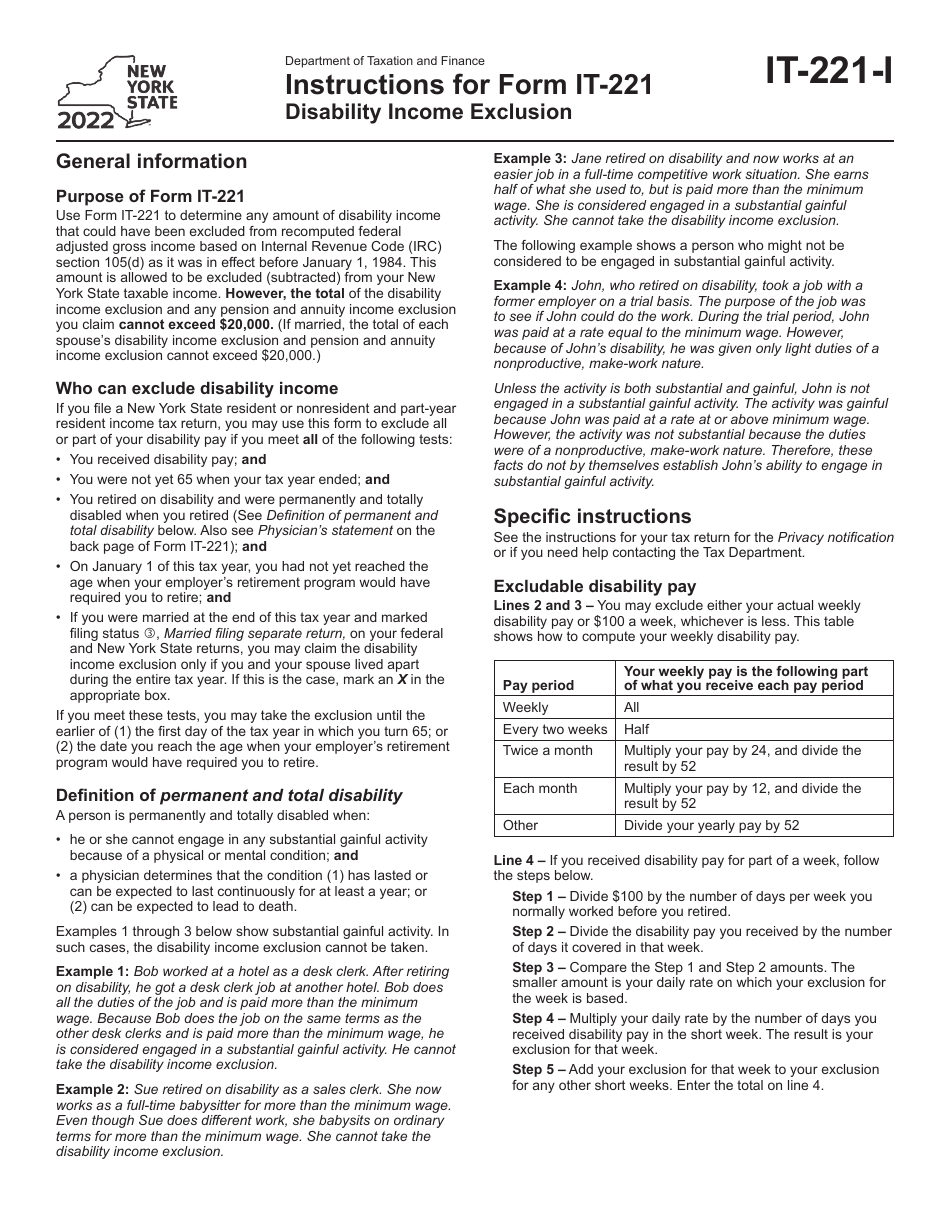 Download Instructions for Form IT-221 Disability Income Exclusion PDF ...