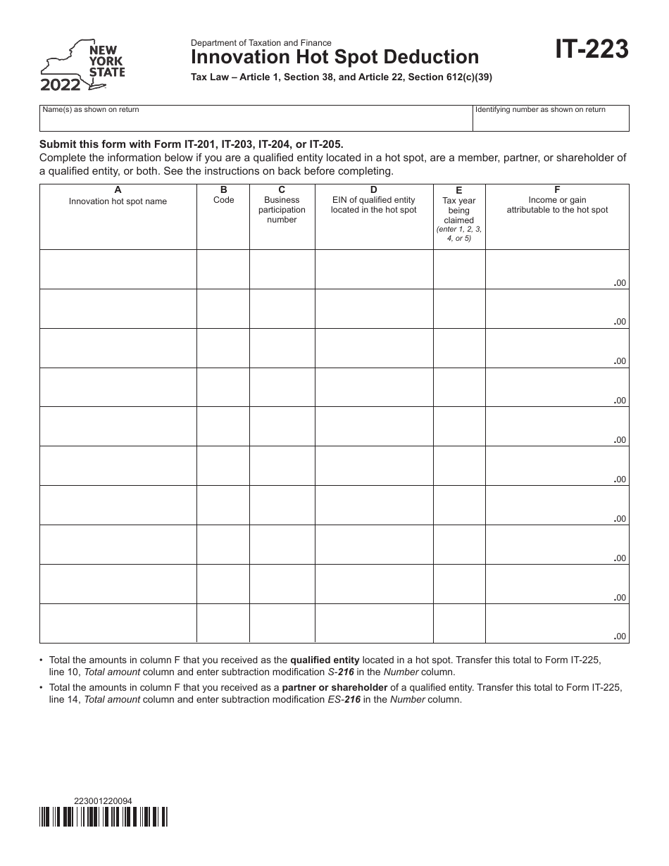 Form IT-223 - 2022 - Fill Out, Sign Online and Download Fillable PDF ...