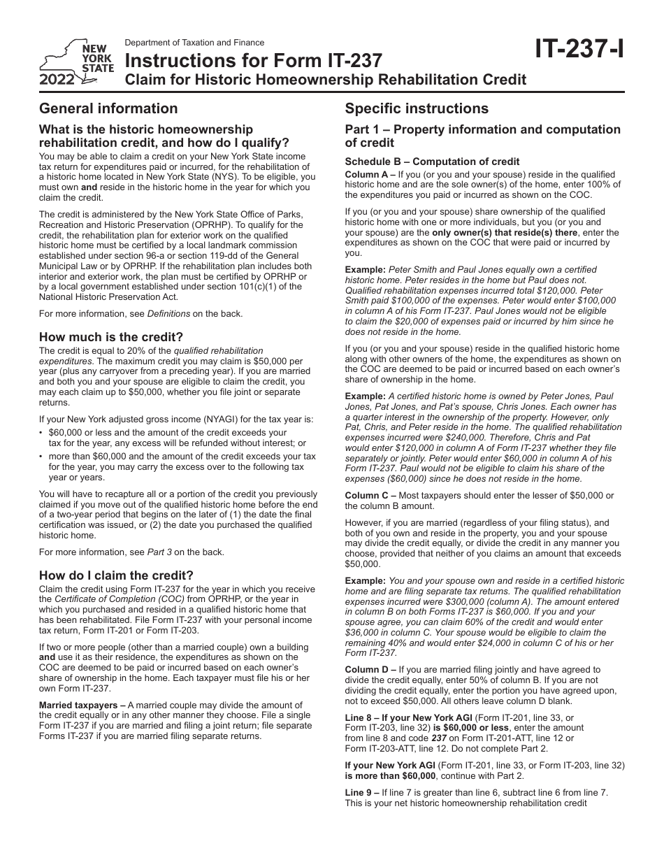 Download Instructions for Form IT-237 Claim for Historic Homeownership ...