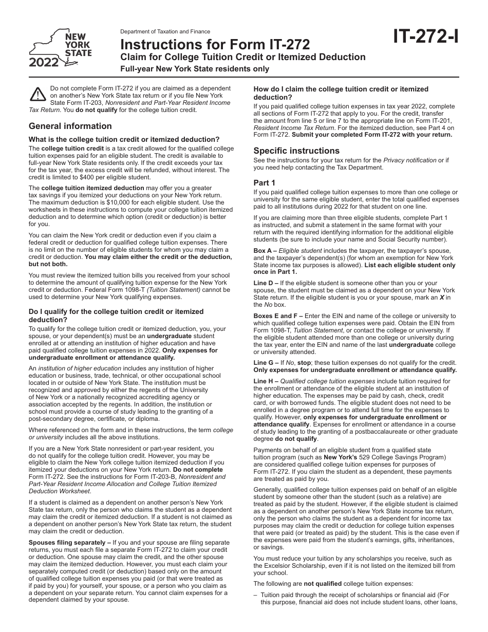 Download Instructions for Form IT-272 Claim for College Tuition Credit ...