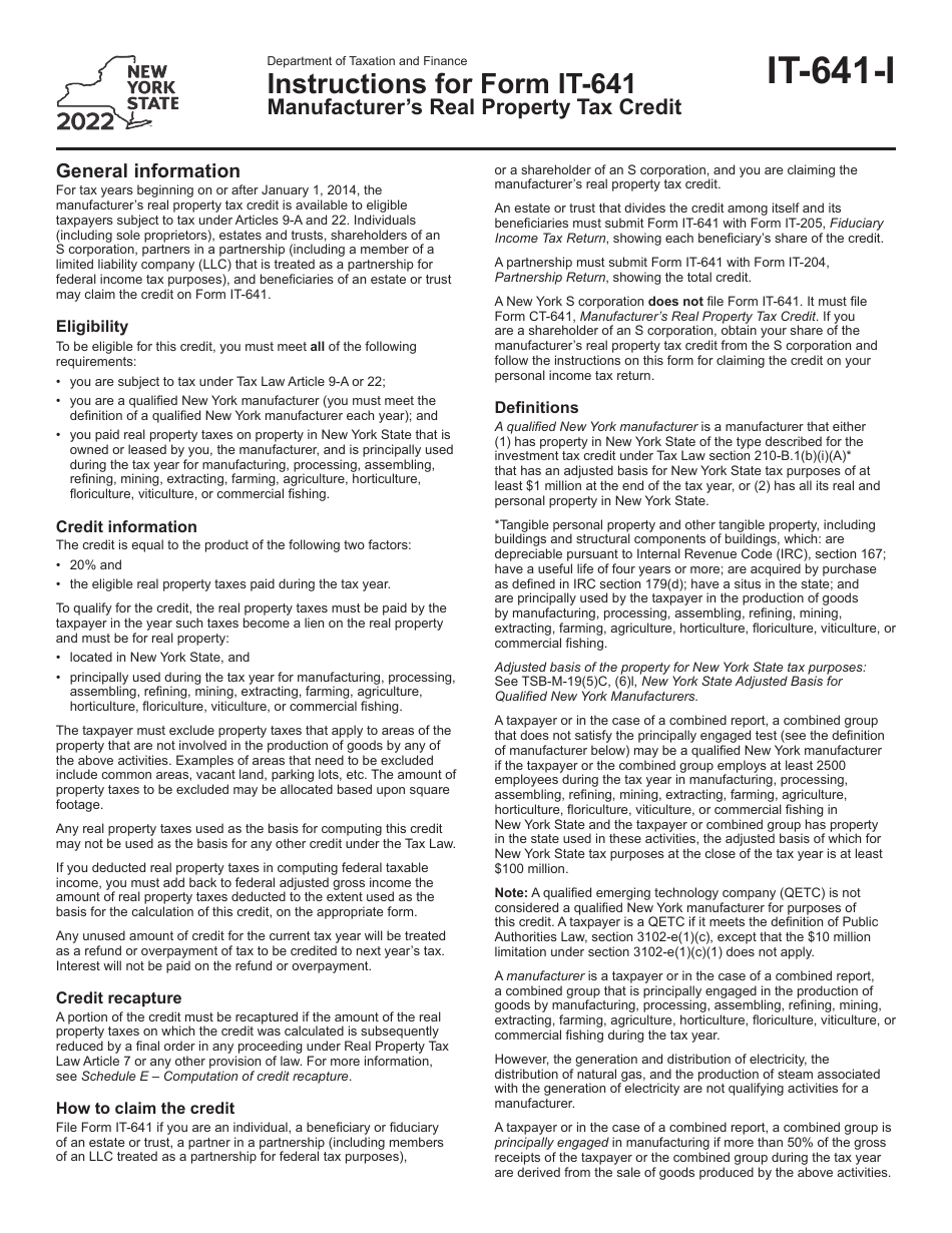 Download Instructions for Form IT-641 Manufacturer's Real Property Tax ...