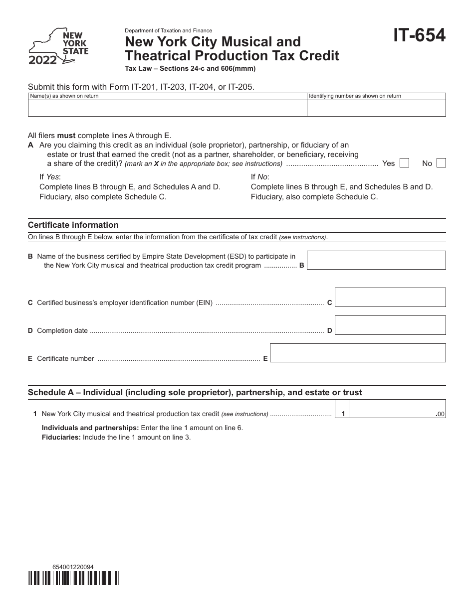 Form IT-654 Download Fillable PDF or Fill Online New York City Musical ...