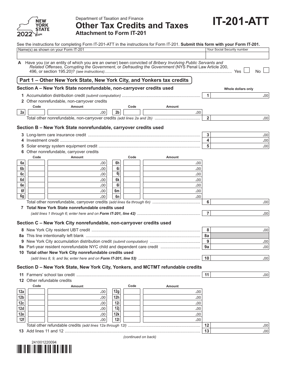 Form IT-201-ATT Download Fillable PDF or Fill Online Other Tax Credits ...