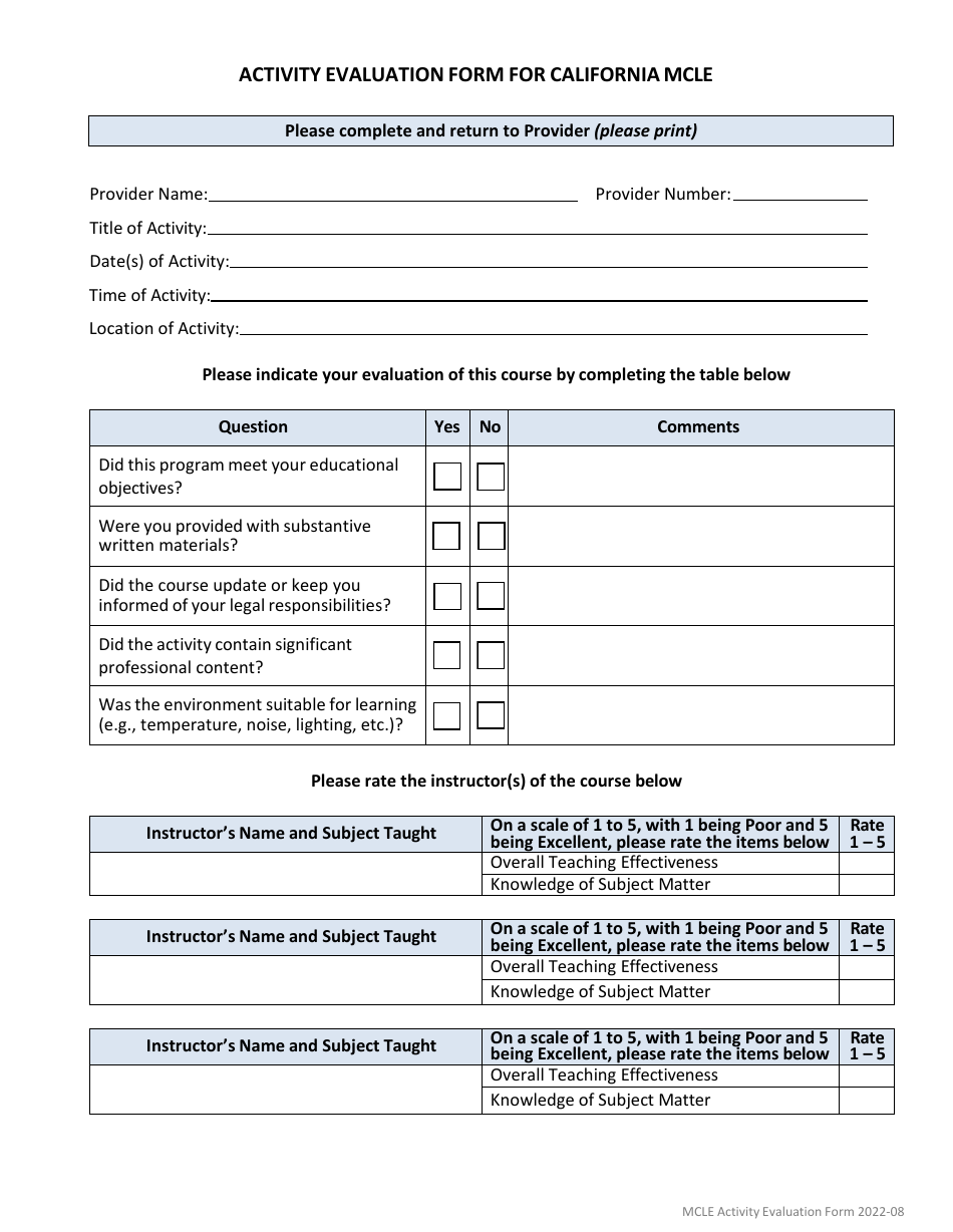 California Activity Evaluation Form for California Mcle - Fill Out ...