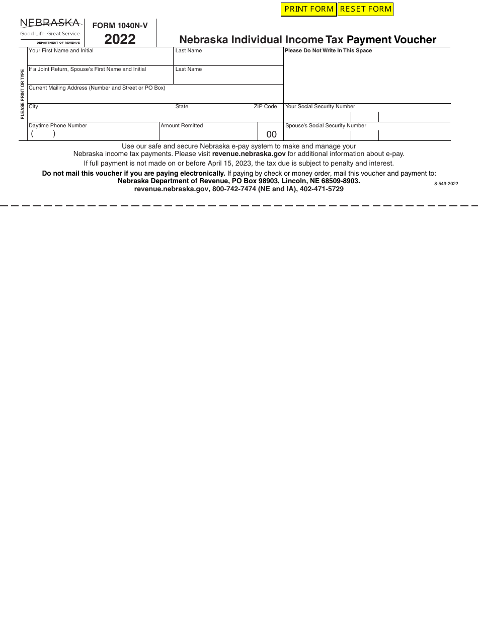 Form 1040N-V Download Fillable PDF or Fill Online Nebraska Individual ...