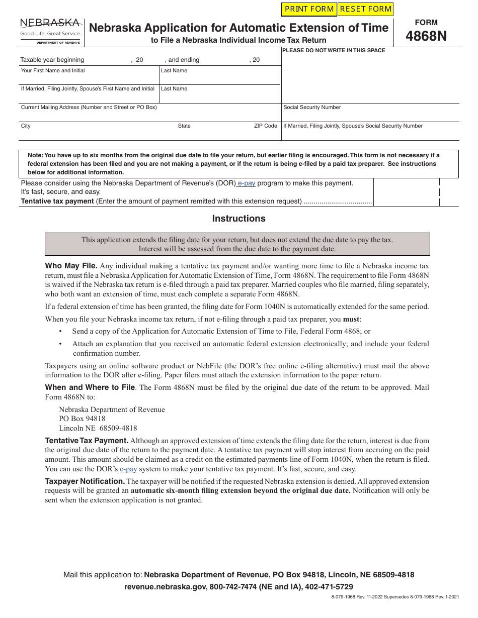 Form 4868N Download Fillable PDF or Fill Online Nebraska Application ...