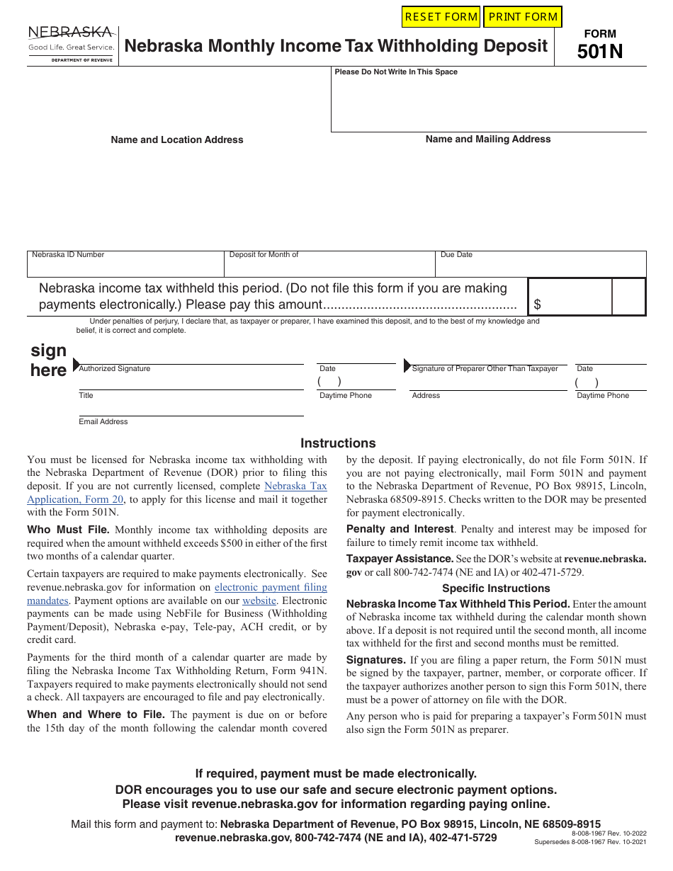 Form 501N Download Fillable PDF or Fill Online Nebraska Monthly Income ...