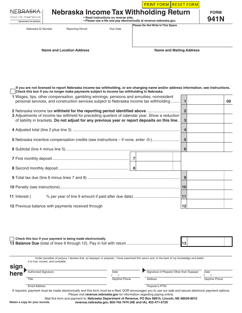 Form 941N Download Fillable PDF or Fill Online Nebraska Income Tax ...