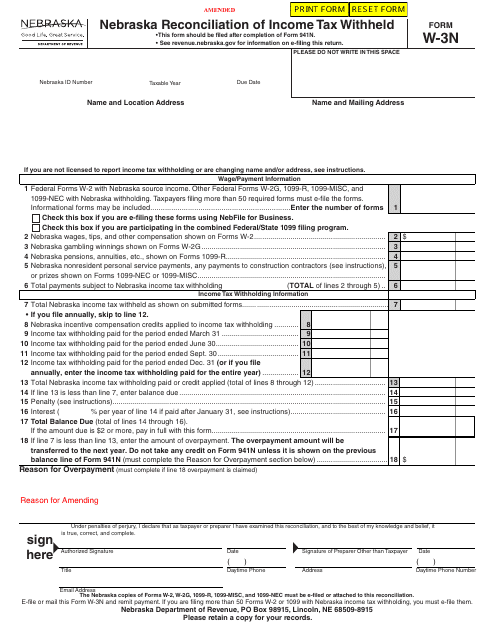 Form W-3N Download Fillable PDF or Fill Online Nebraska Reconciliation ...