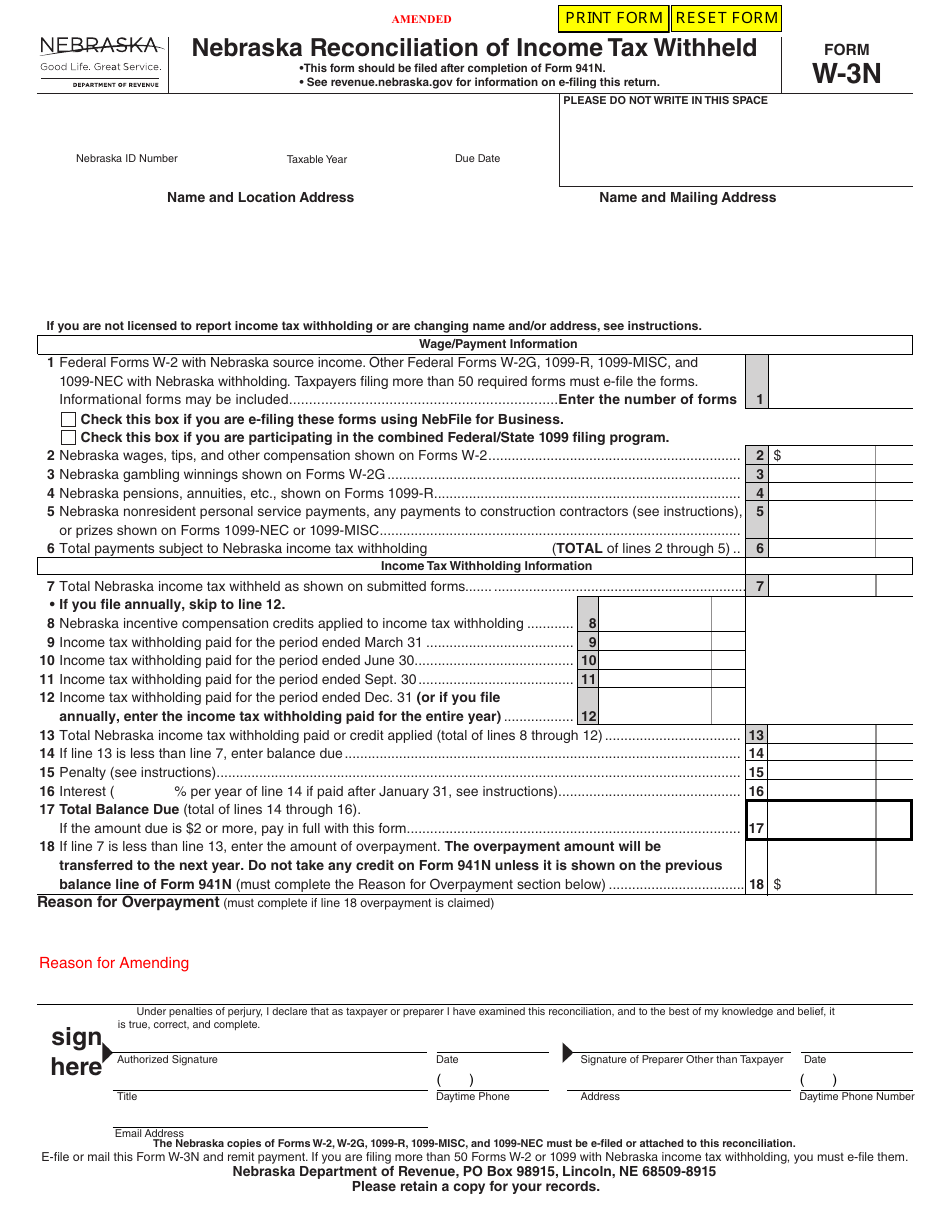 Form W-3N Download Fillable PDF or Fill Online Nebraska Reconciliation ...