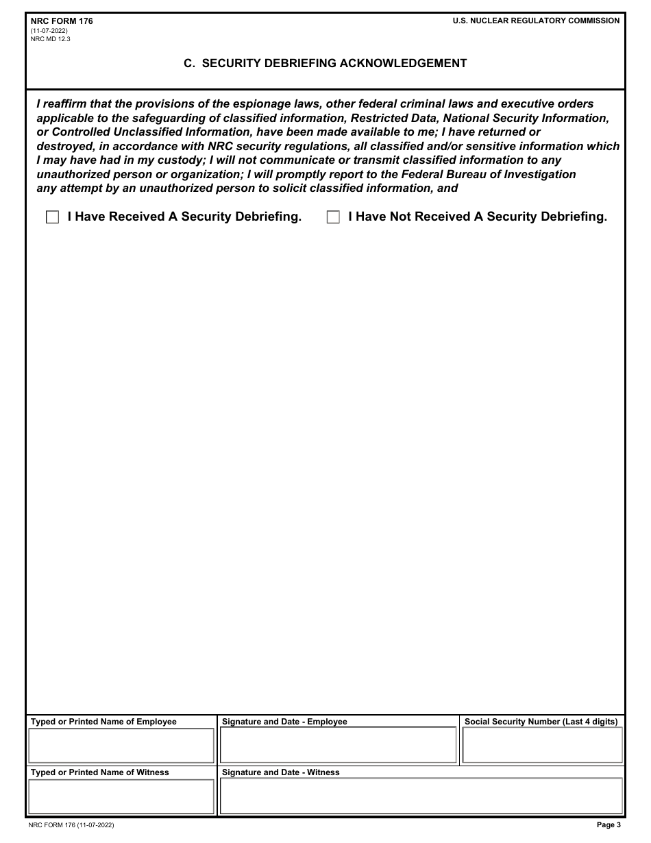 NRC Form 176 Download Fillable PDF or Fill Online Security Acknowledgment | Templateroller