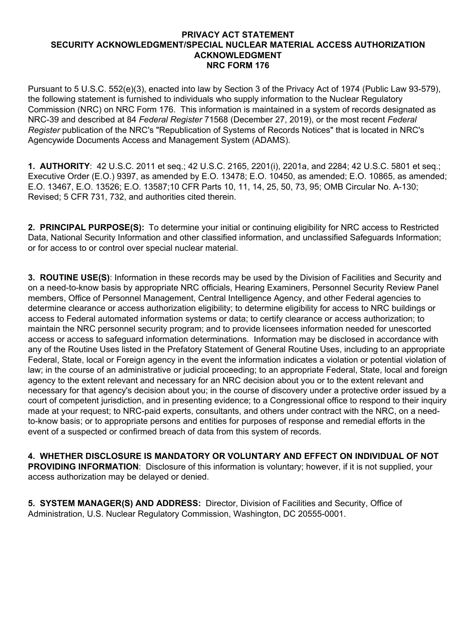 NRC Form 176 Download Fillable PDF or Fill Online Security Acknowledgment | Templateroller