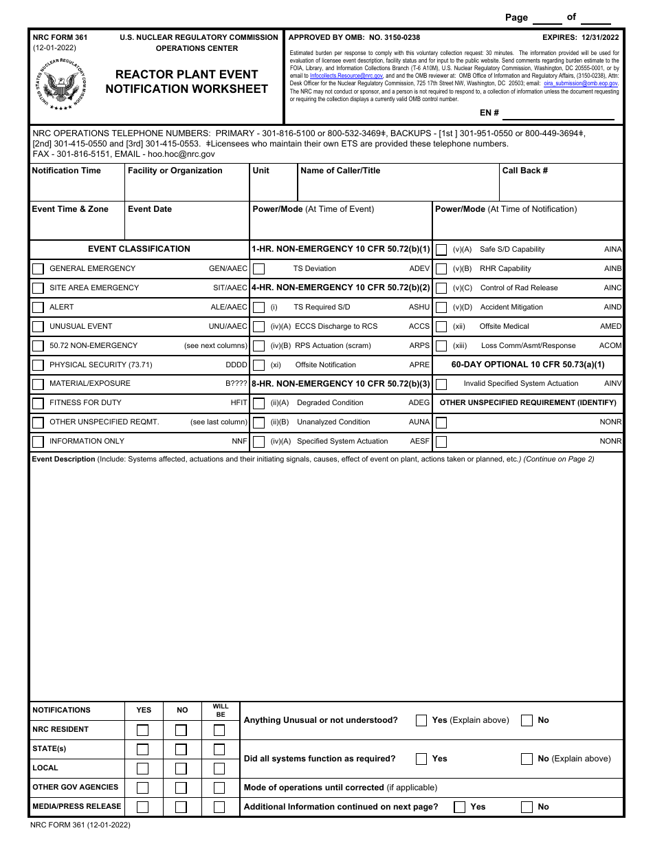 NRC Form 361 Download Fillable PDF or Fill Online Reactor Plant Event ...