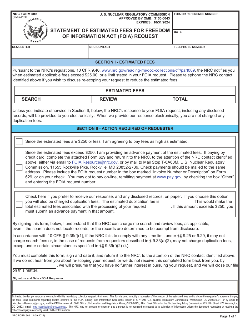 NRC Form 509 Download Fillable PDF or Fill Online Statement of ...