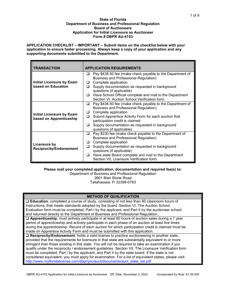 Form DBPR AU-4153 Download Printable PDF or Fill Online Application for ...