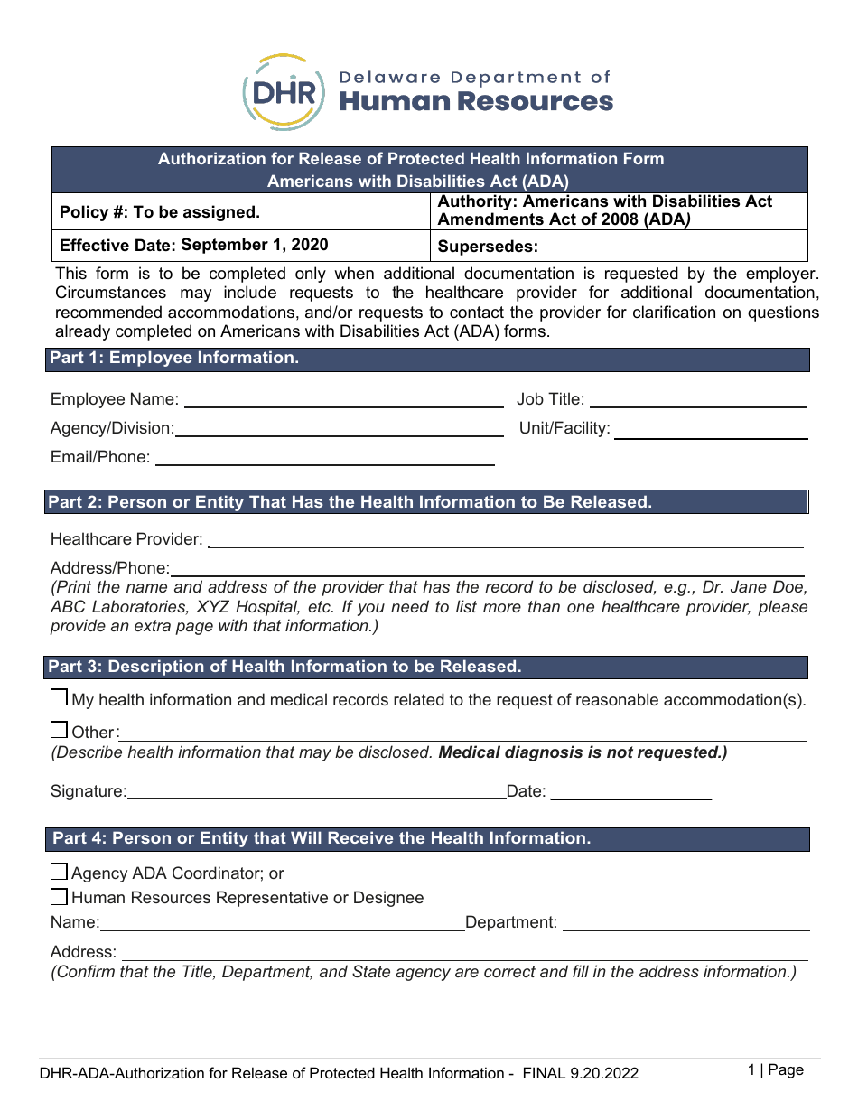 Delaware Authorization for Release of Protected Health Information Form ...