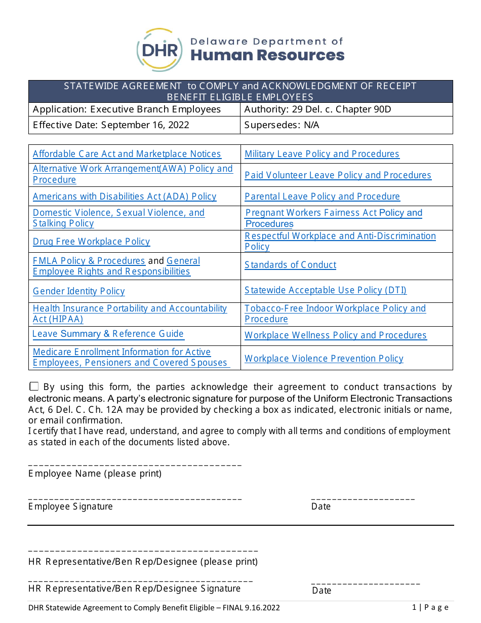 Delaware Statewide Agreement to Comply and Acknowledgment of Receipt ...
