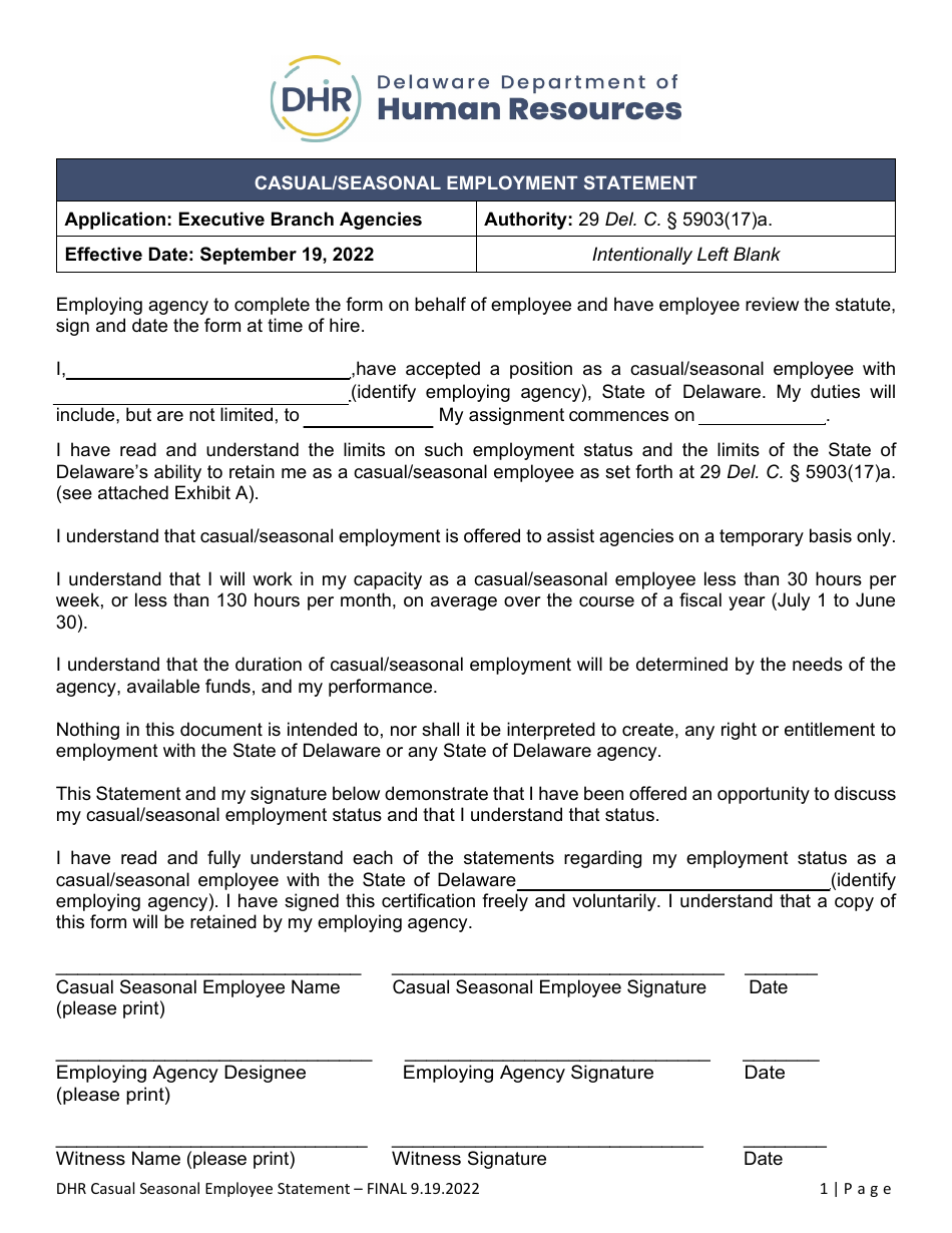 Delaware Casual/Seasonal Employment Statement - Fill Out, Sign Online ...