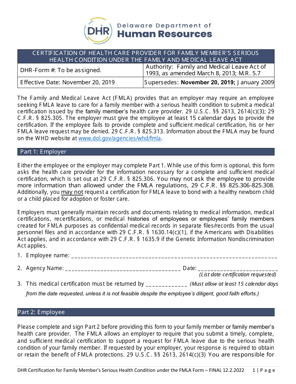Delaware Certification of Health Care Provider for Family Member's ...