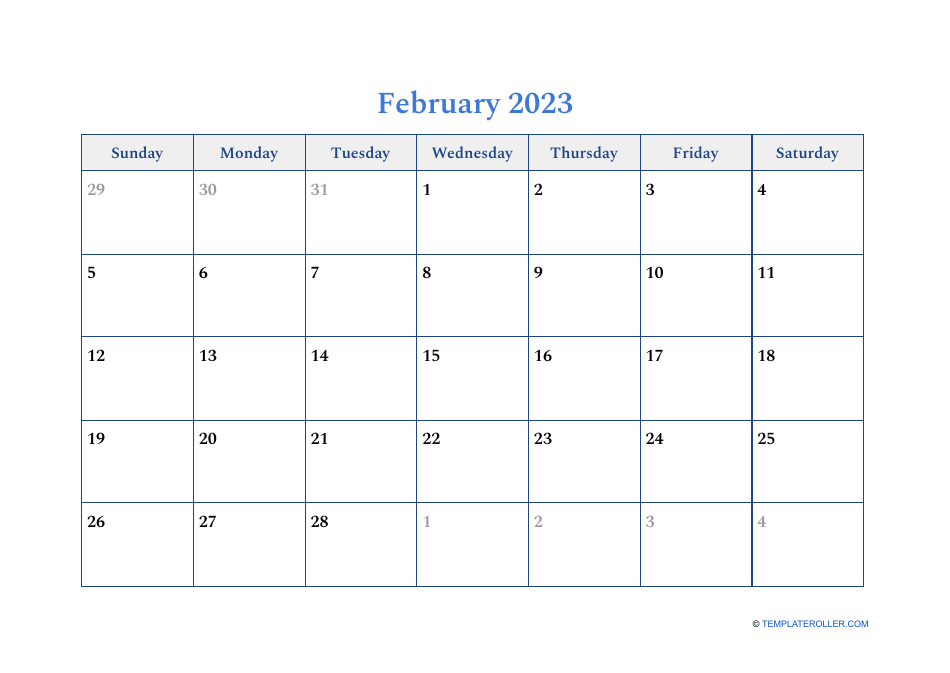 February 2023 Calendar Template Download Printable PDF | Templateroller