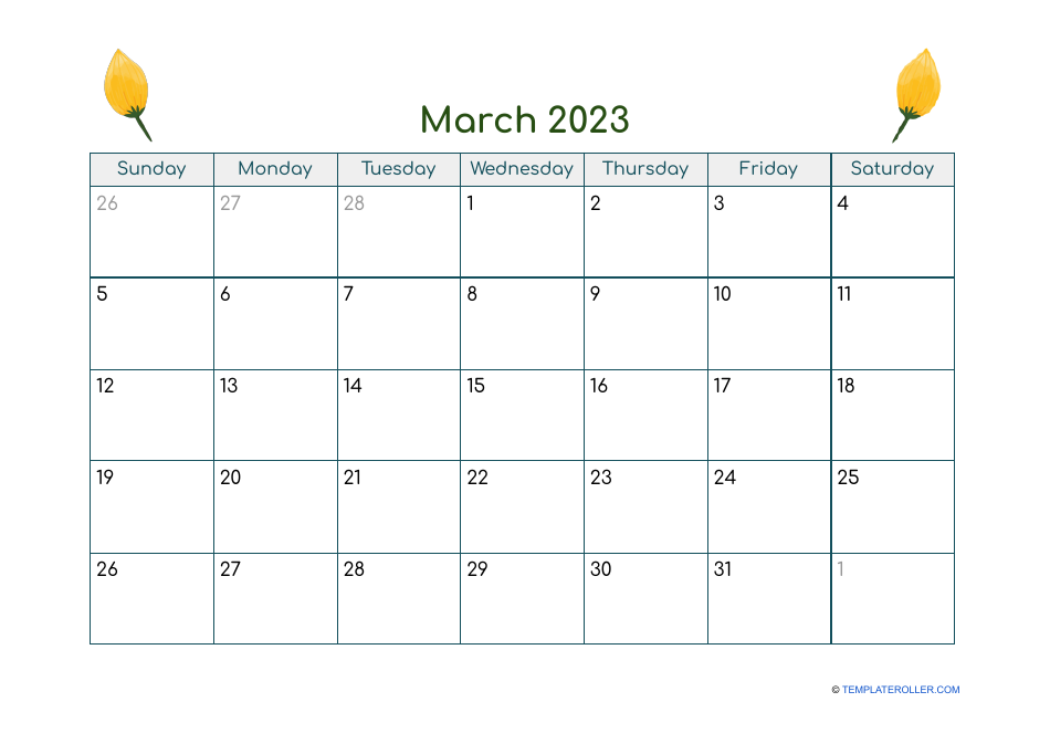 March 2023 Calendar Template Download Printable PDF | Templateroller