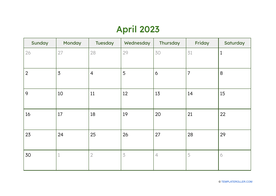 April 2023 Calendar Template Download Printable PDF | Templateroller