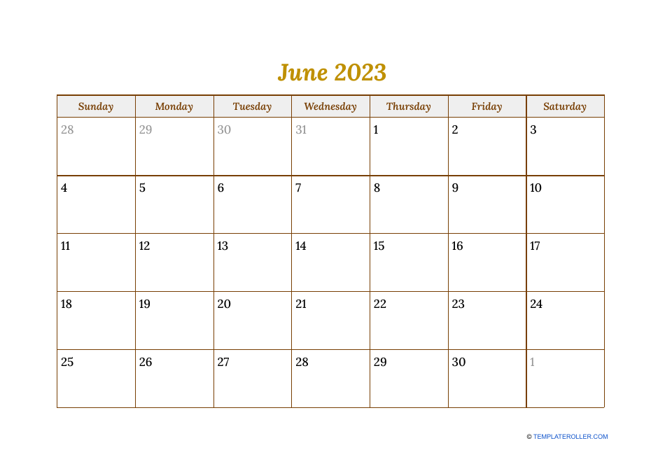 June 2023 Calendar Template Download Printable PDF | Templateroller