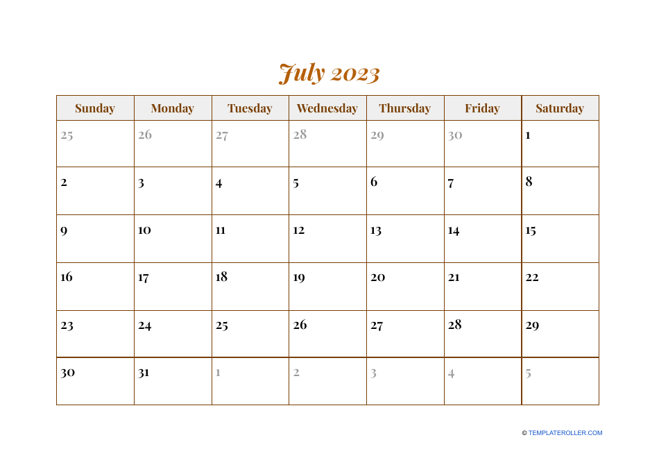 July 2023 Calendar Template Download Printable PDF | Templateroller