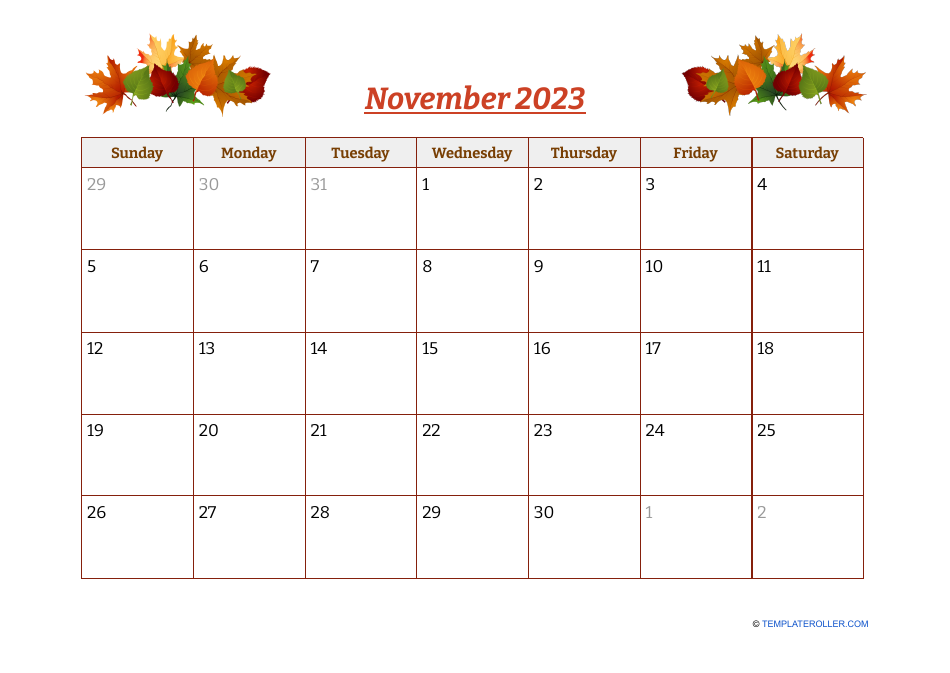 November 2023 Calendar Template Download Printable PDF | Templateroller