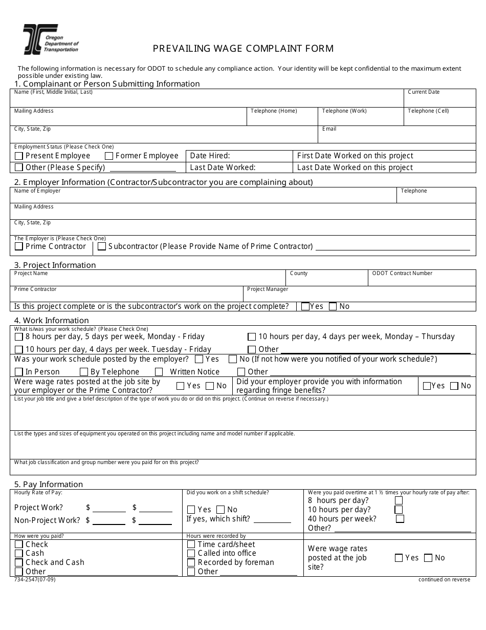 Form 734-2547 - Fill Out, Sign Online and Download Fillable PDF, Oregon ...